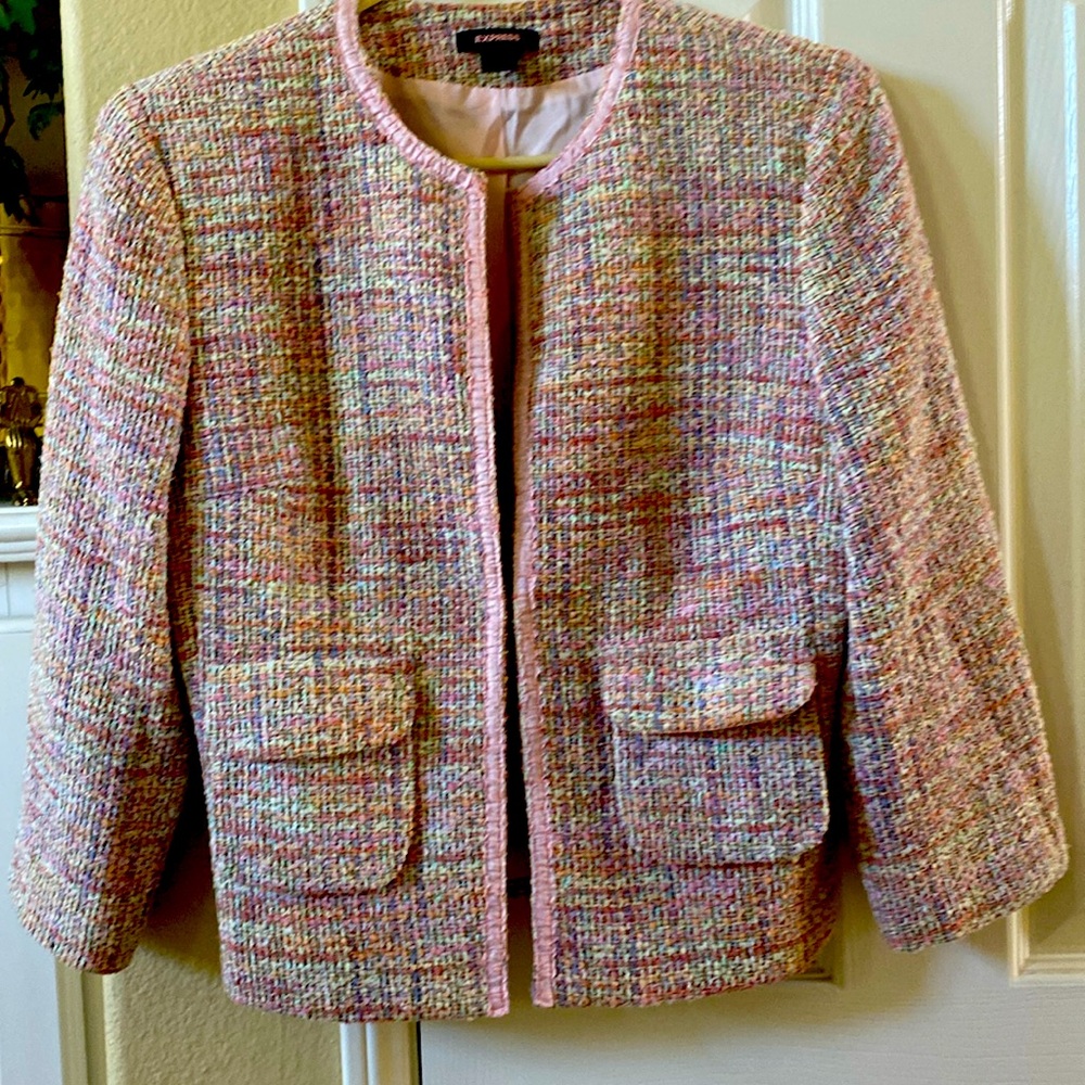 Tweed Jacket Chanel Style Front Pockets Pink Multi Co… - Gem